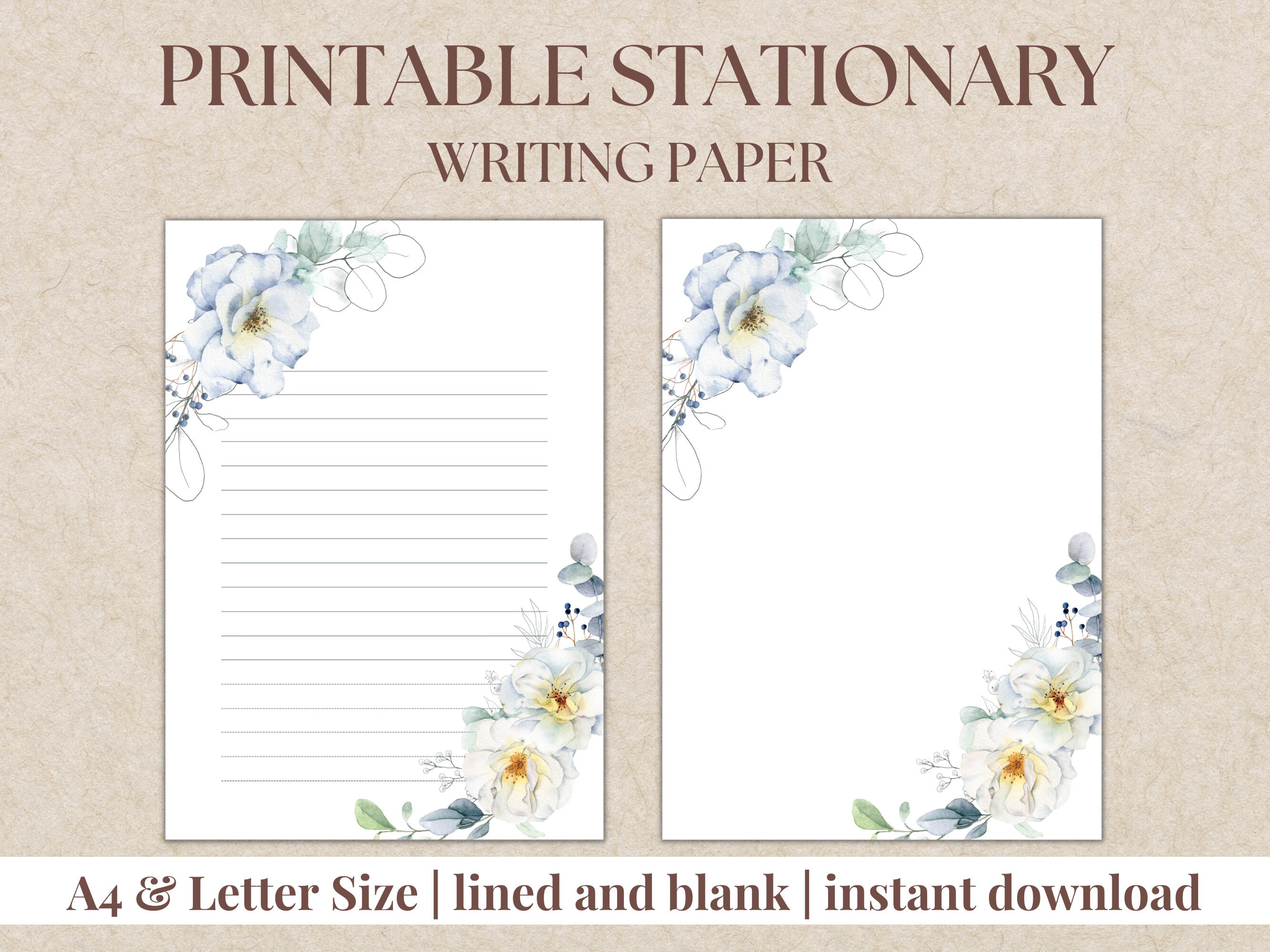 Printable Blue Flower Writing Paper, A4 and Letter Size, Floral Writing ...