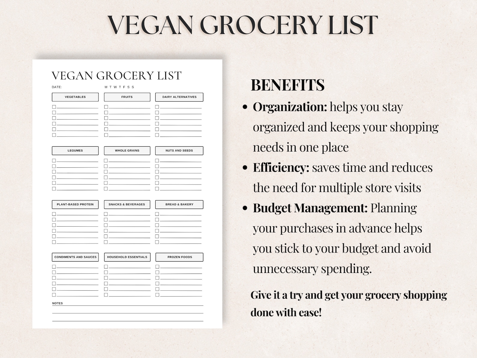 Printable Vegan Grocery List and Weekly Meal Planner Template ...