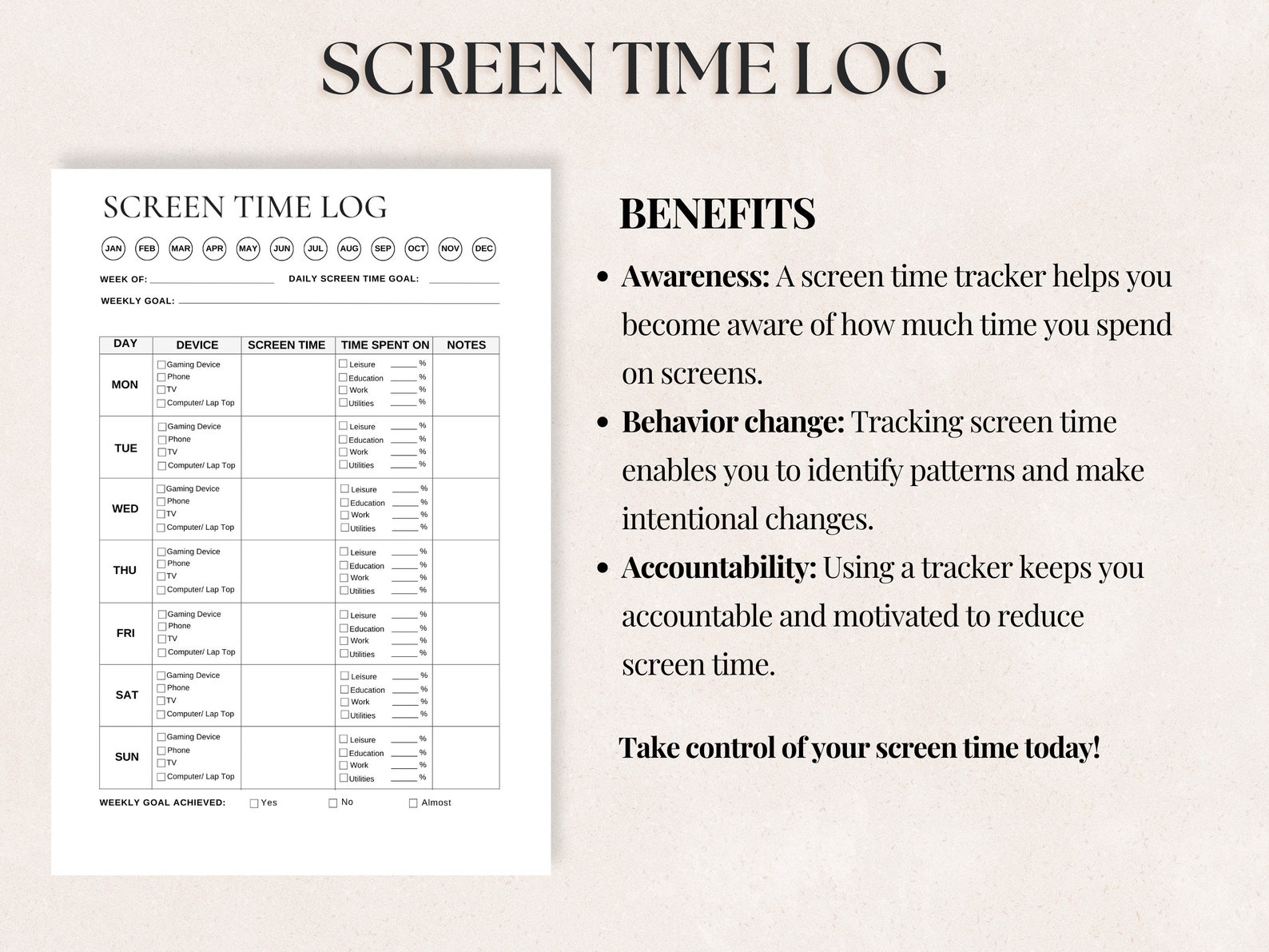 Weekly Screen Time Log: Keep Track of Your Screen Time Habit | Screen ...