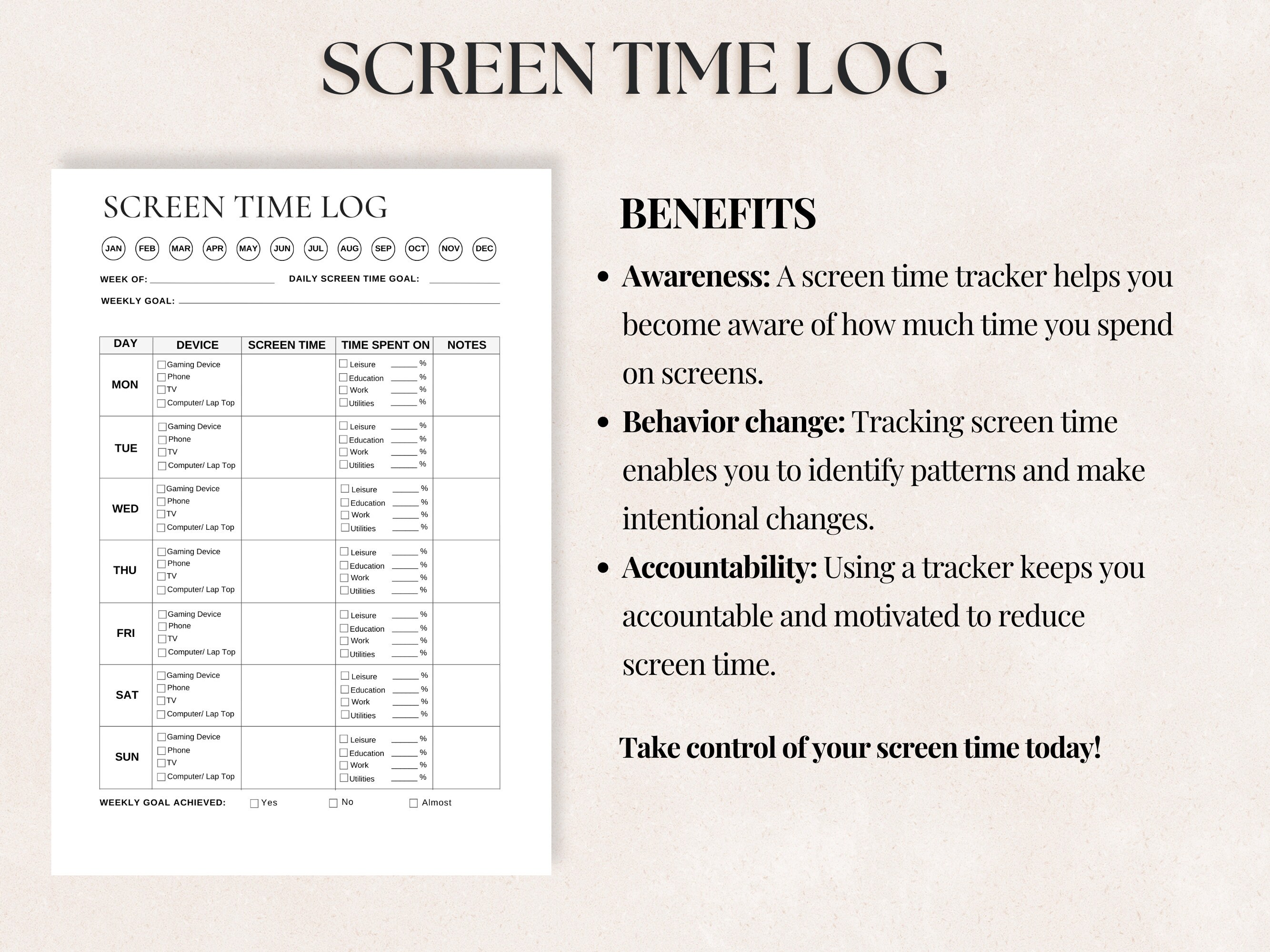Weekly Screen Time Log: Keep Track of Your Screen Time Habit | Screen ...