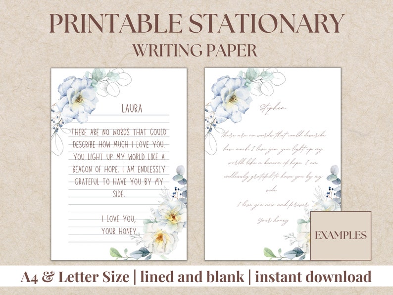 Printable Blue Flower Writing Paper, A4 and Letter Size, Floral Writing ...
