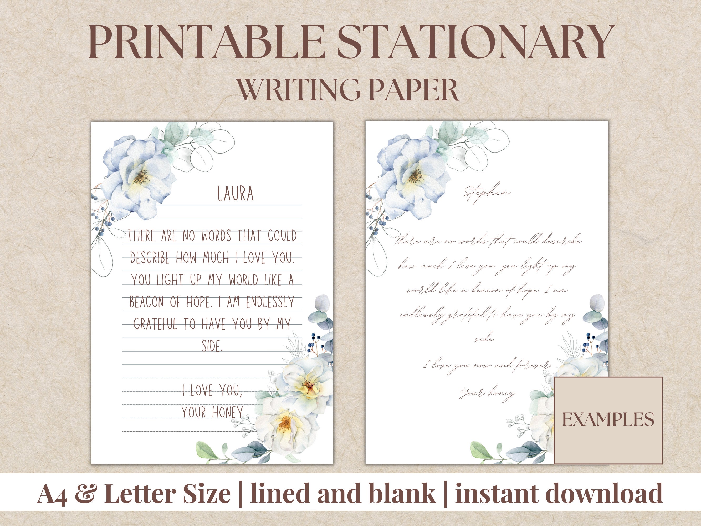 Printable Blue Flower Writing Paper, A4 and Letter Size, Floral Writing ...