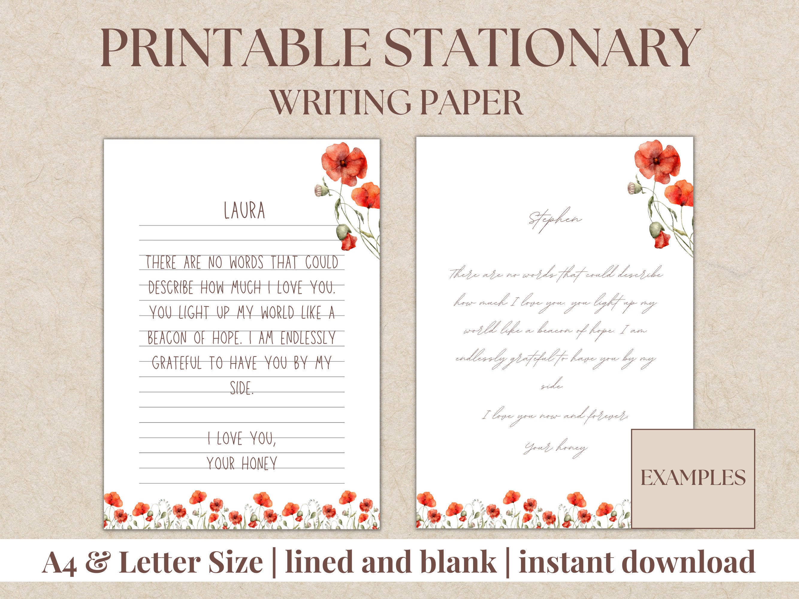 Printable Poppy Flower Paper, A4 and Letter Size, Floral Writing Paper ...