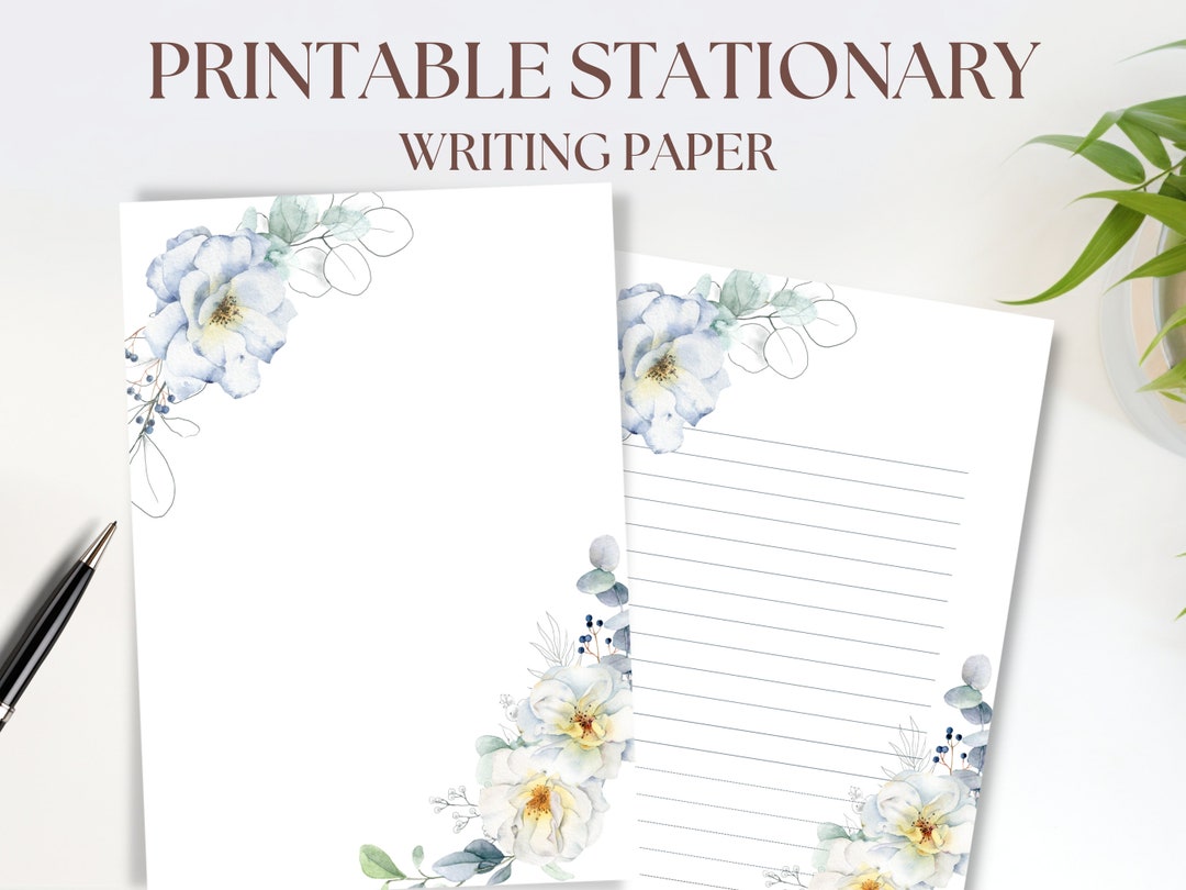 Printable Blue Flower Writing Paper, A4 and Letter Size, Floral Writing ...