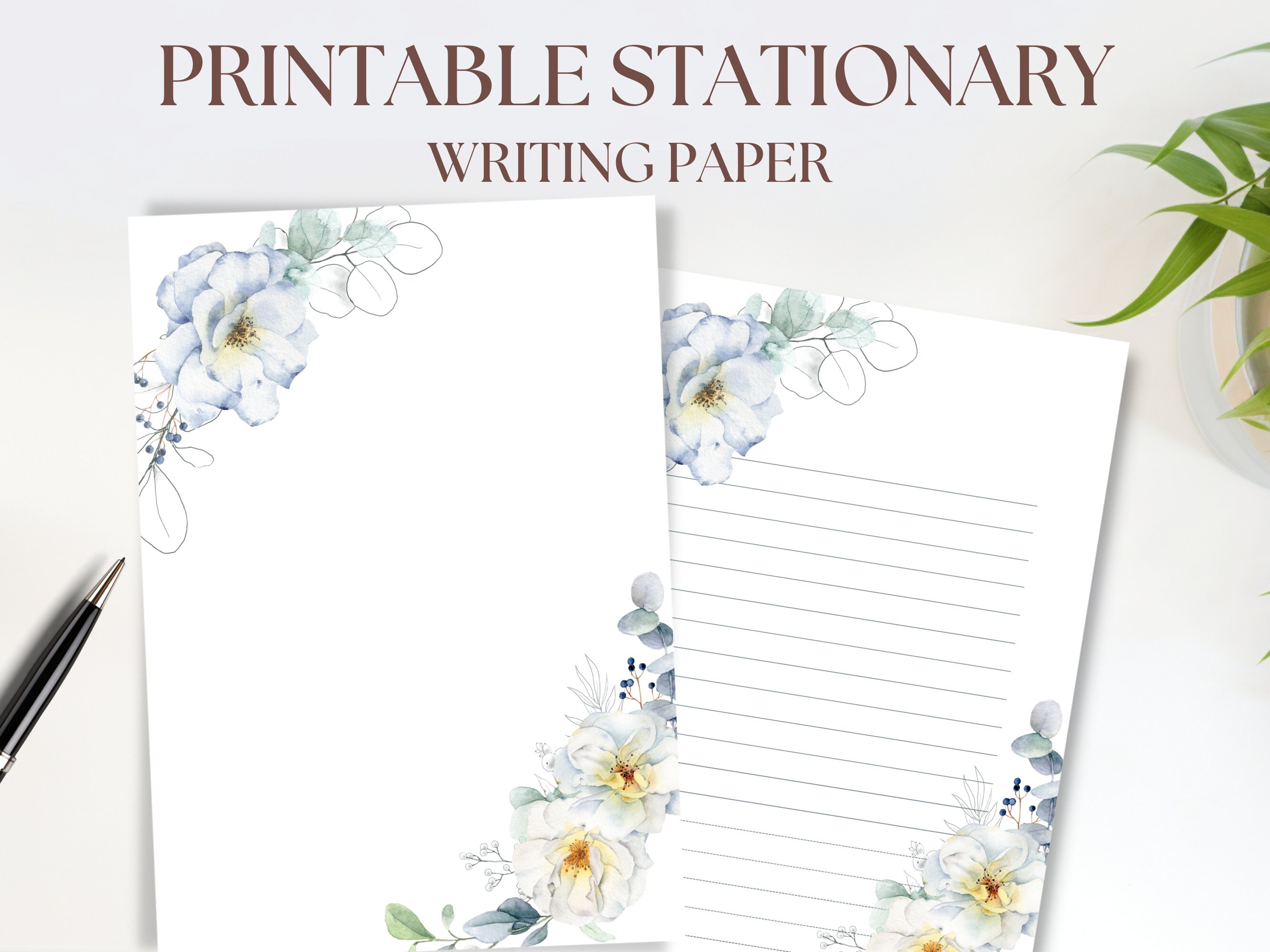 Printable Blue Flower Writing Paper, A4 and Letter Size, Floral Writing ...