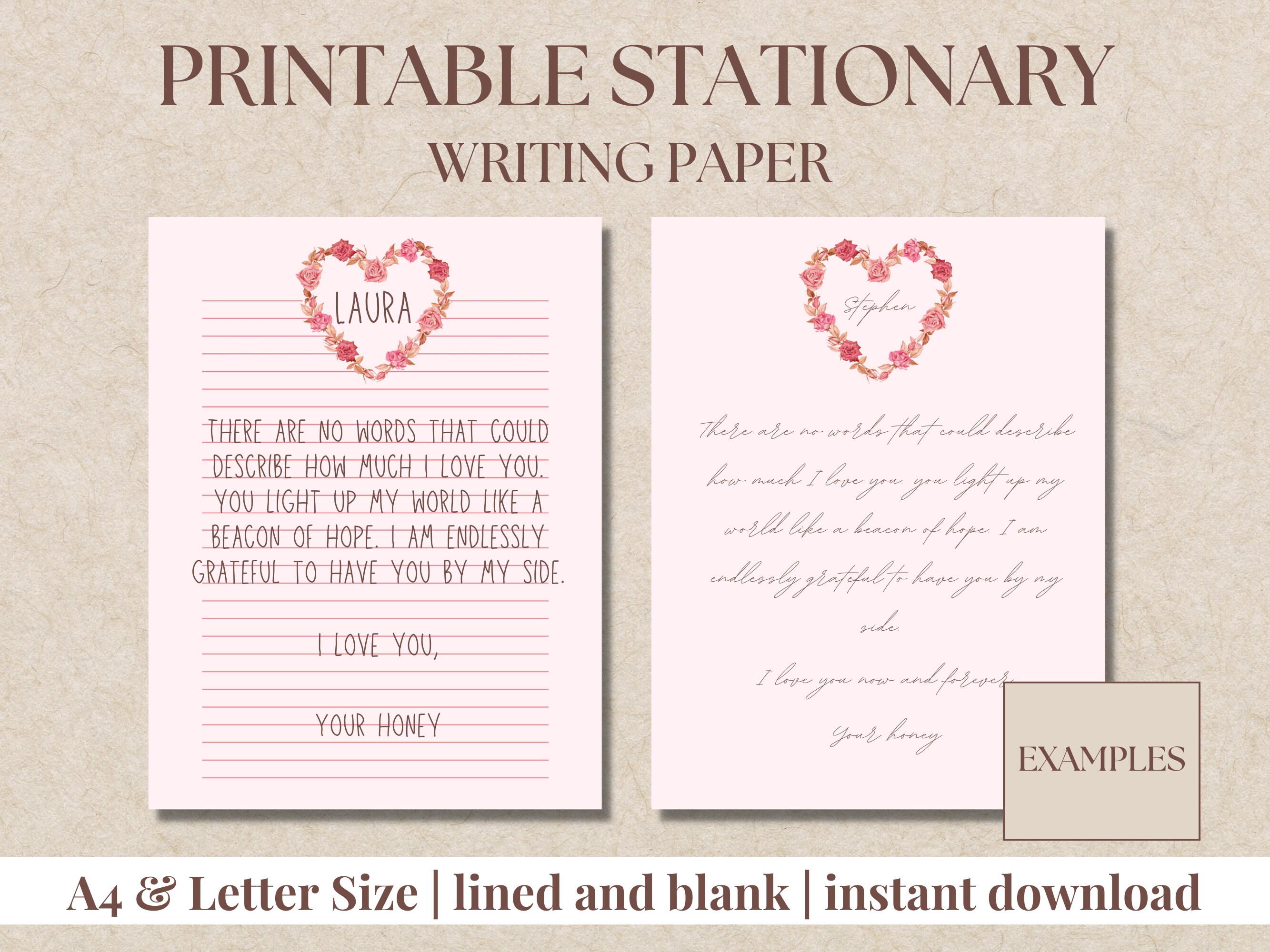 Printable Writing Paper, A4 and Letter Size Love Letter, Valentine's ...