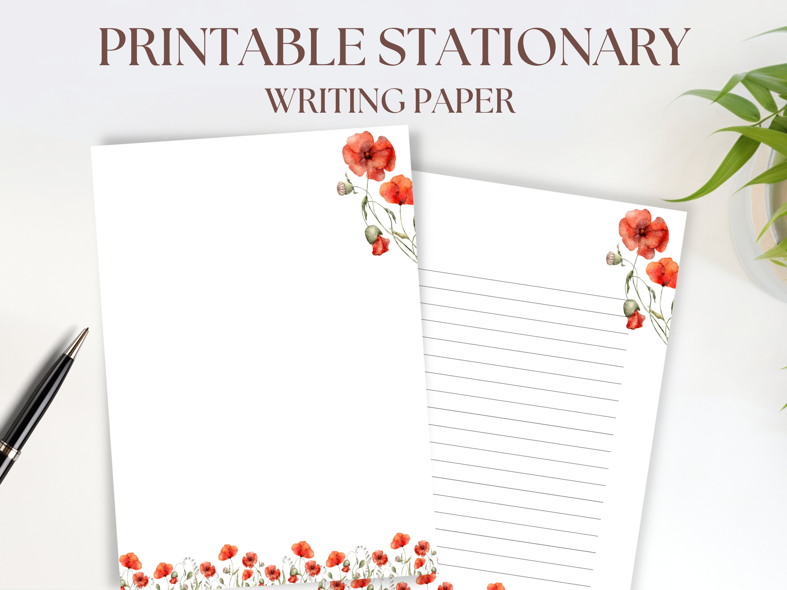 Printable Poppy Flower Paper, A4 and Letter Size, Floral Writing Paper ...