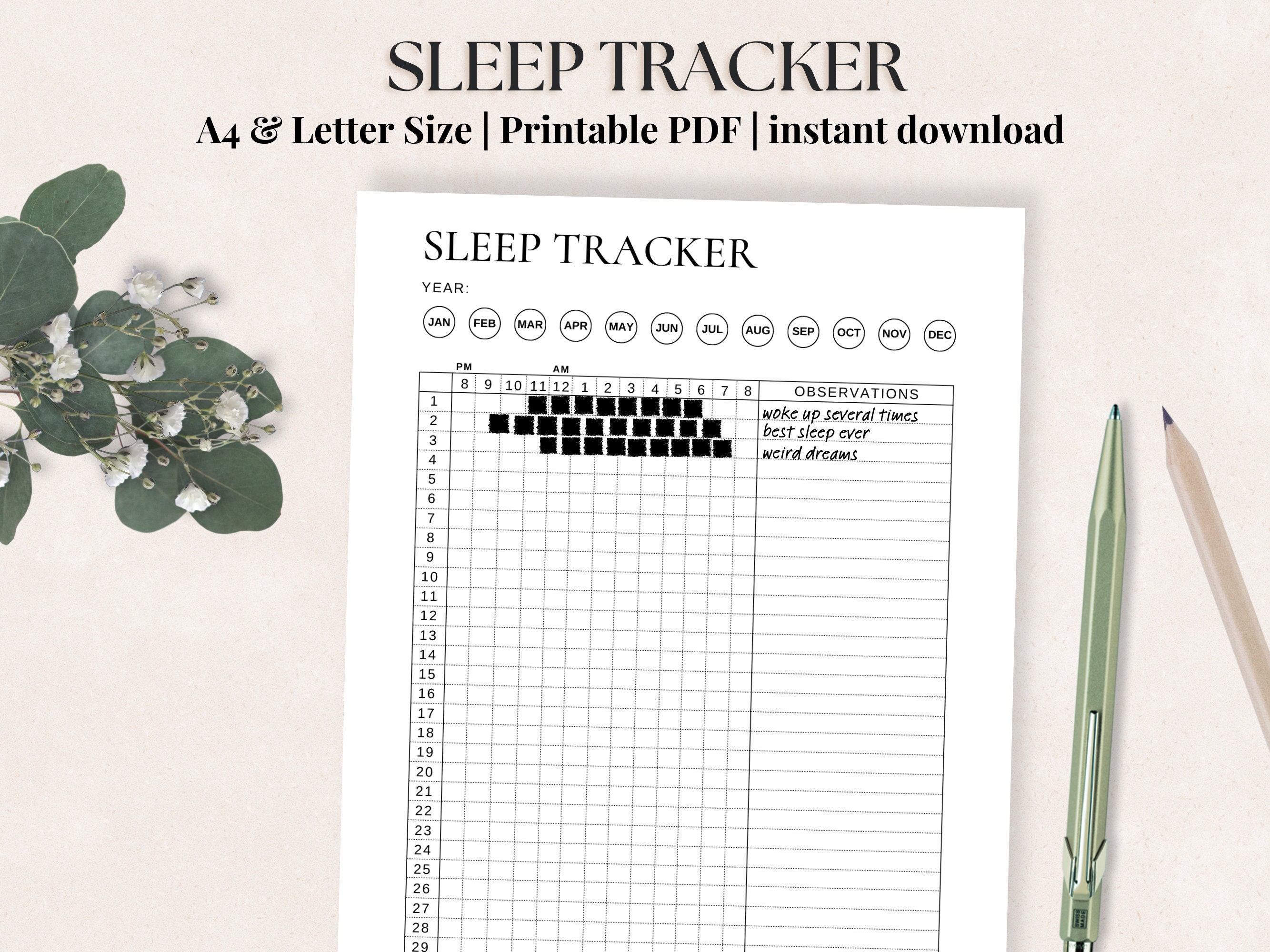 Minimalist Sleep Tracker: Printable Sleep Log | A4 & Letter Size ...