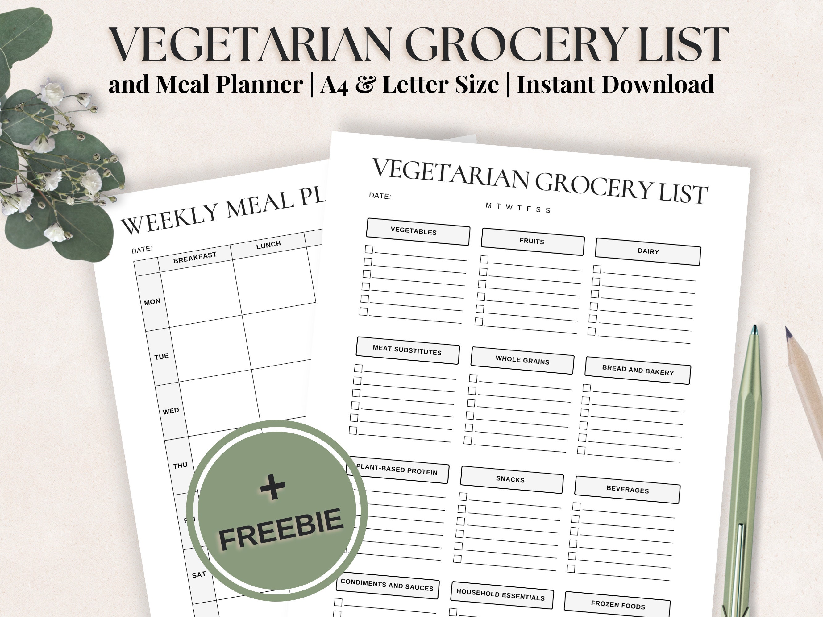 Printable Vegetarian Grocery List Template and Weekly Meal Planner ...