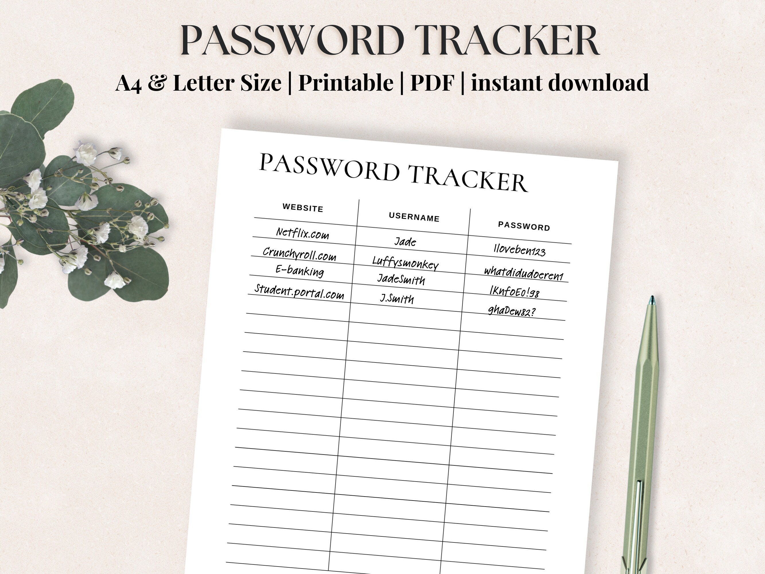 Minimalist Password Tracker: Printable Password Log | A4 & US Letter ...
