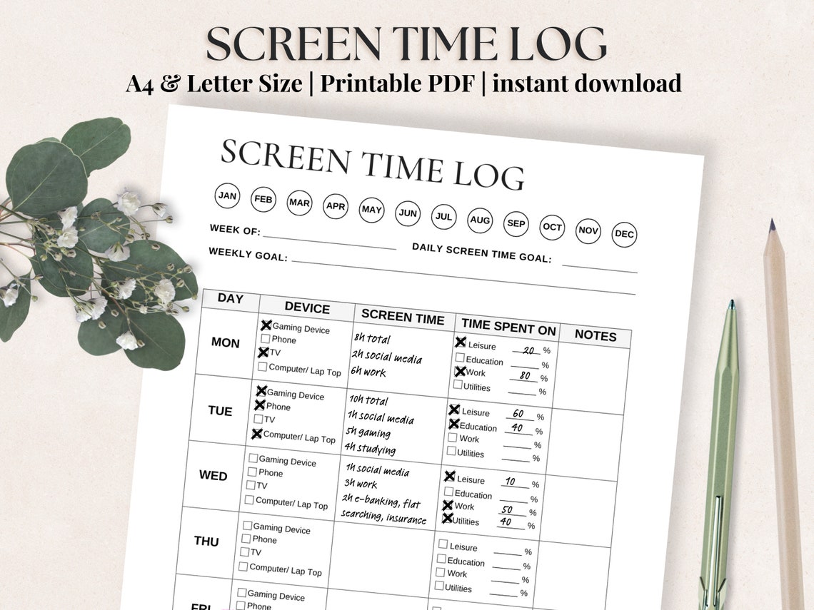 Weekly Screen Time Log: Keep Track of Your Screen Time Habit | Screen ...