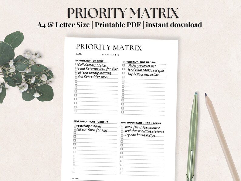 Printable Priority Matrix: Effective to Do List | A4 & Letter Size ...