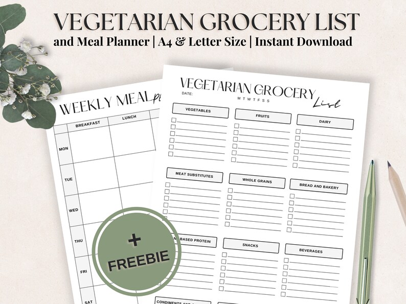 Printable Vegetarian Grocery List Template and Weekly Meal - Etsy