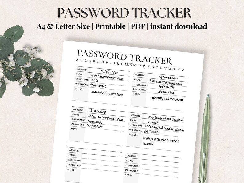 Minimalist Password Tracker: Printable Password Log A4 & US Letter Size ...