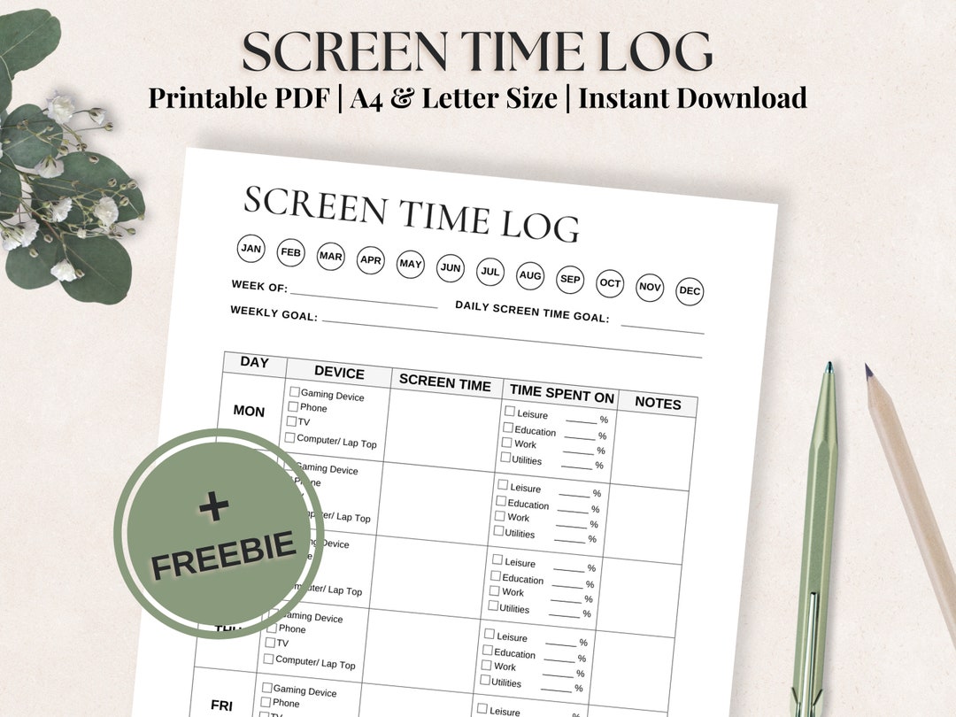 Weekly Screen Time Log: Keep Track of Your Screen Time Habit | Screen ...