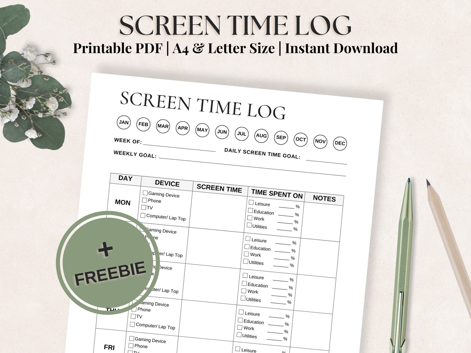 Weekly Screen Time Log: Keep Track of Your Screen Time Habit | Screen ...