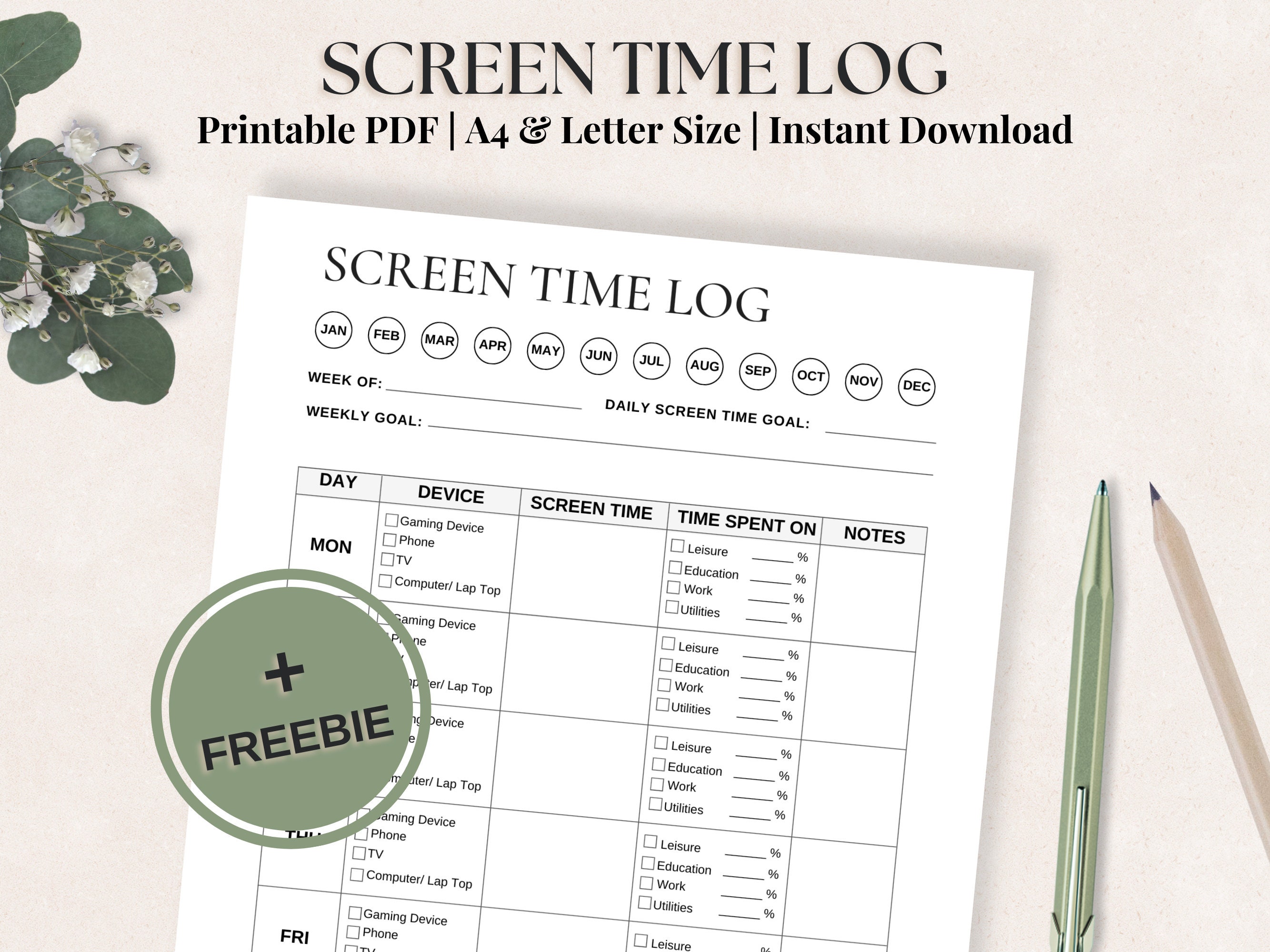Weekly Screen Time Log: Keep Track of Your Screen Time Habit | Screen ...