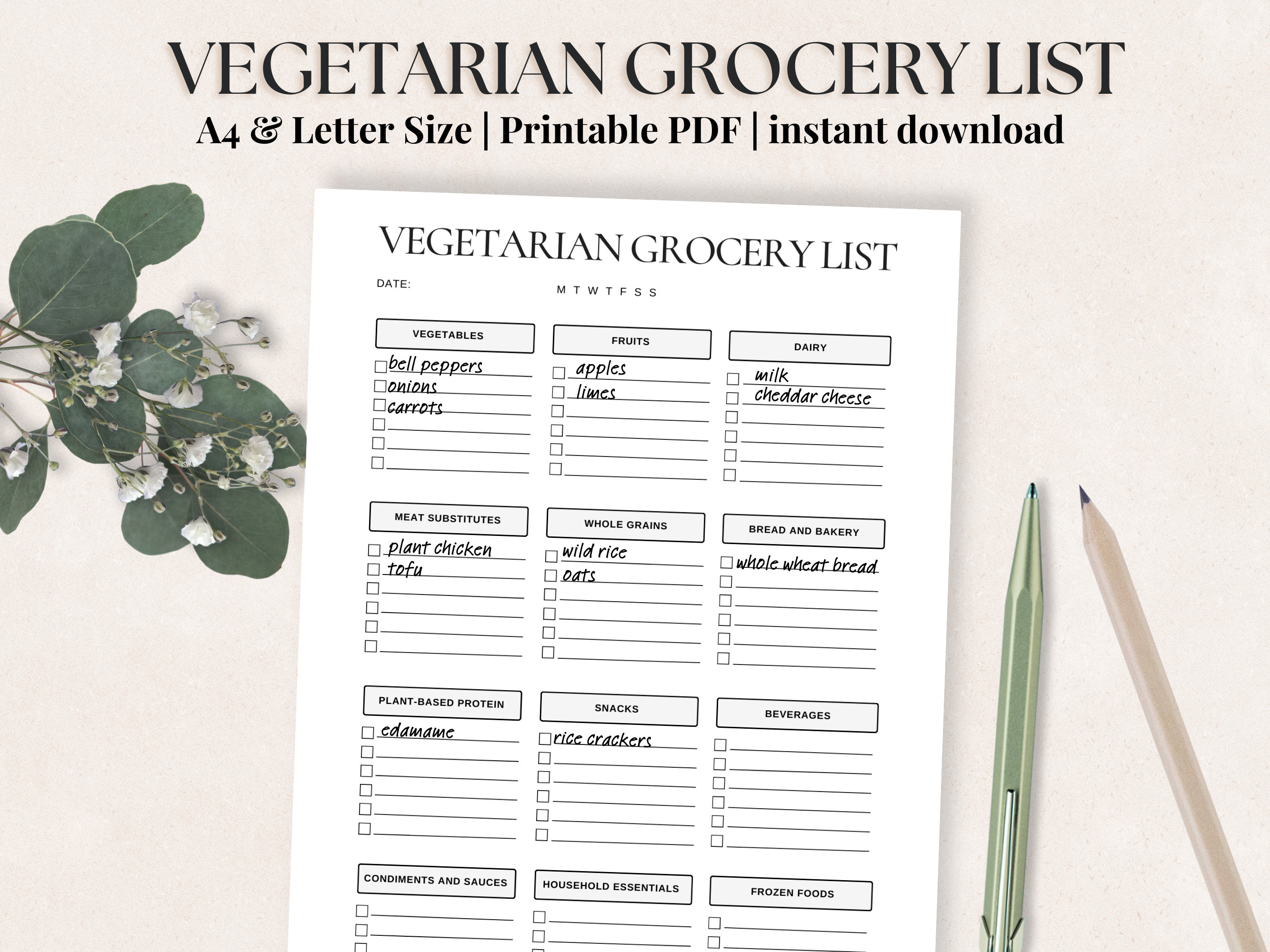 Printable Vegetarian Grocery List Template and Weekly Meal Planner ...