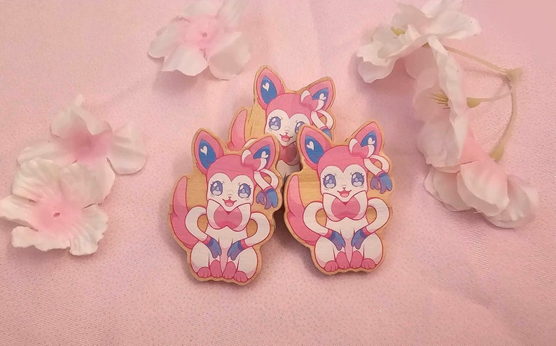 Pokémon Hearts and Roses Wooden Enamel Pins W/ FREE Sticker Mew Sylveon ...