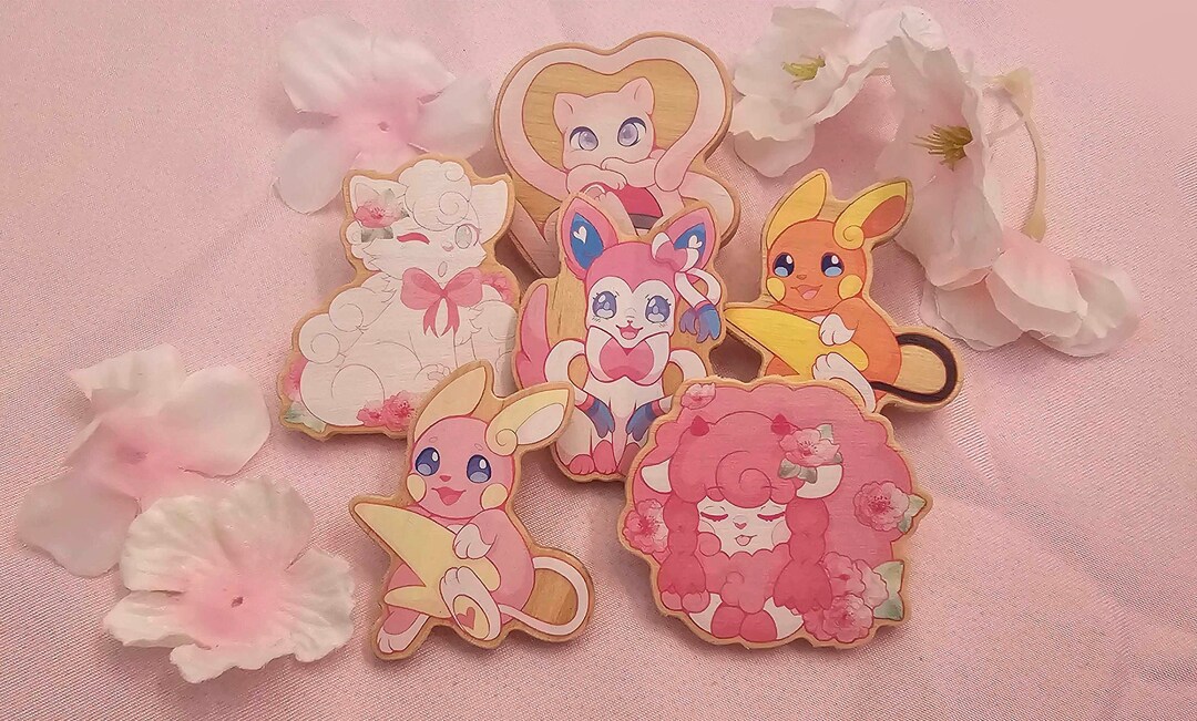 Pokémon Hearts and Roses Wooden Enamel Pins W/ FREE Sticker | Mew ...