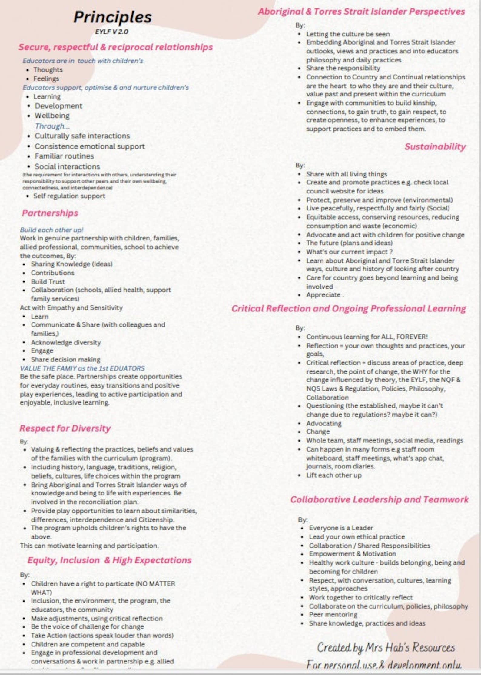 EYLF V 2.0 Practices & Principles + Bonus Page - Etsy