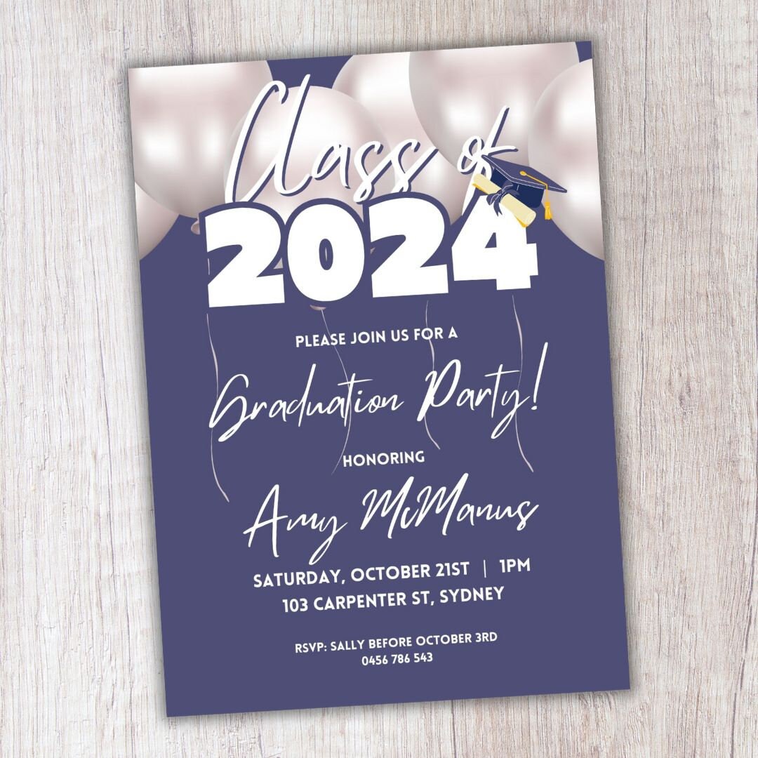 Editable Silver Balloon Graduation Invitation Template, Printable Grad ...