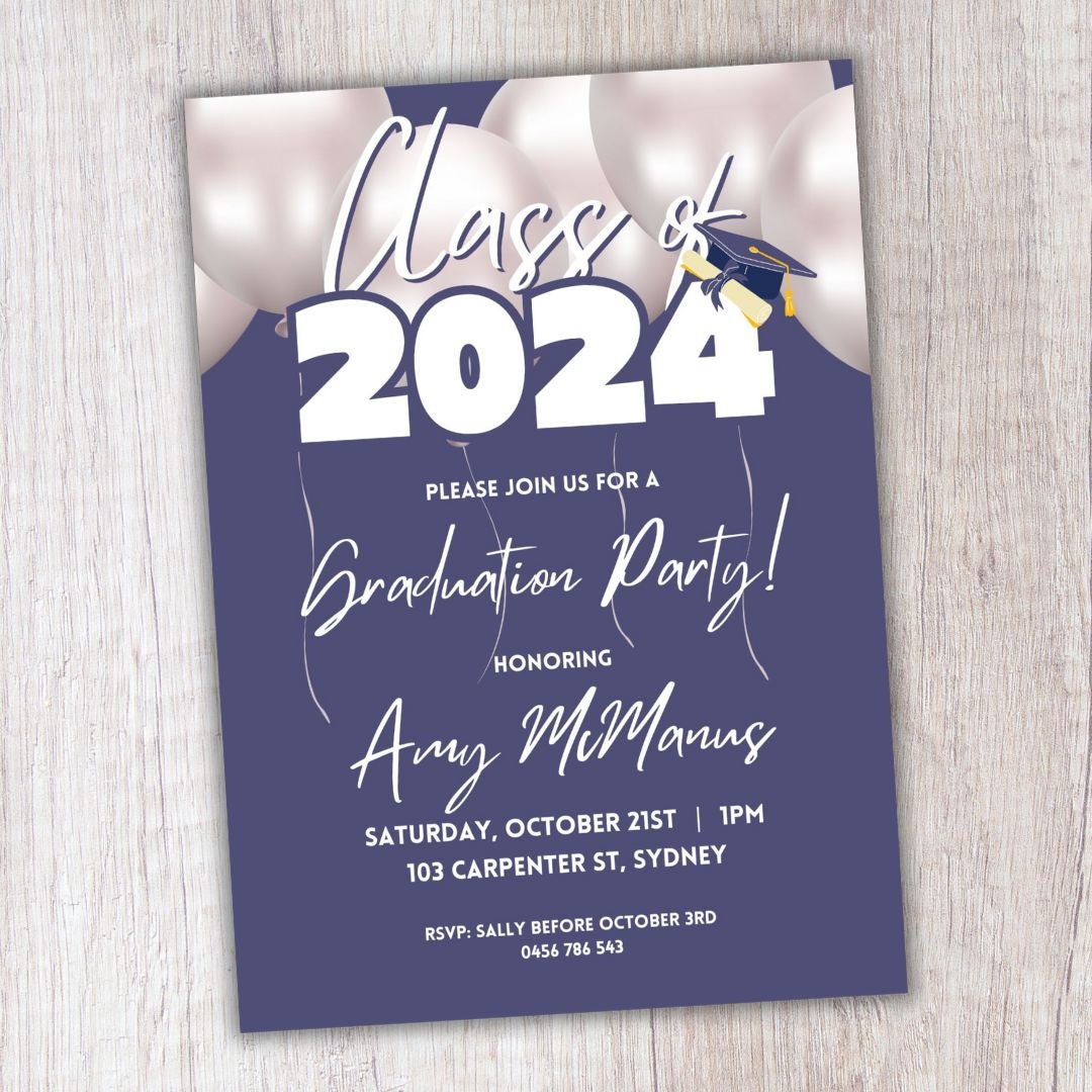 Editable Silver Balloon Graduation Invitation Template, Printable Grad ...