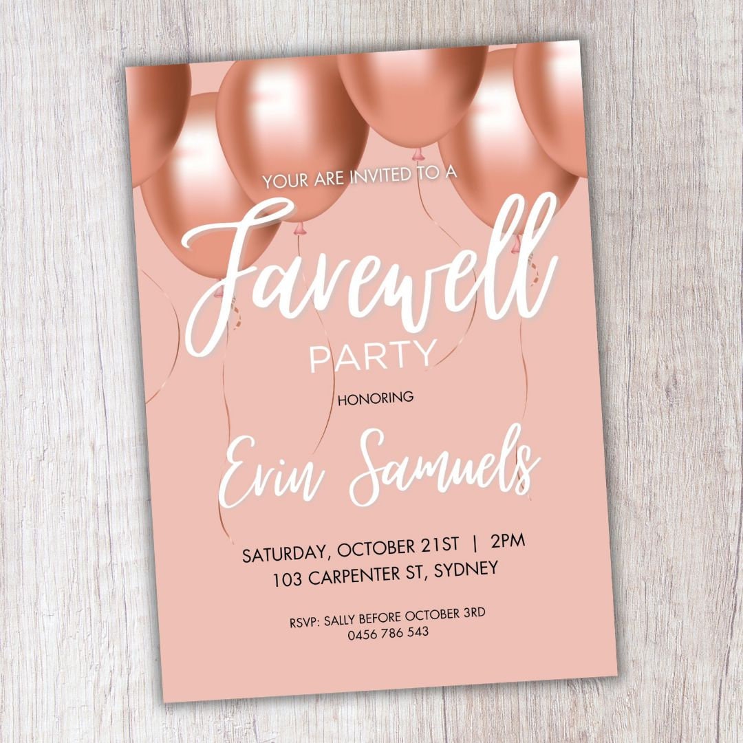 Editable Rose Gold Balloon Farewell Invitation Template, Printable ...