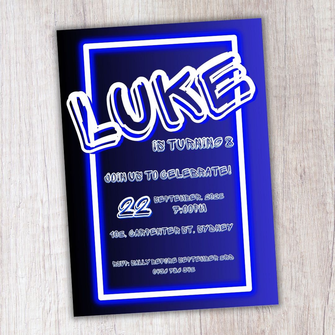 Editable Blue Neon Birthday Invitation Template, Printable Birthday ...
