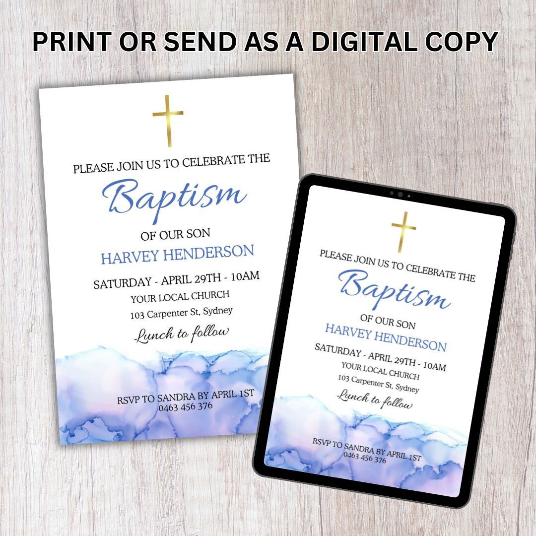 Editable Blue Baptism Invitation Template, Printable Baptism ...