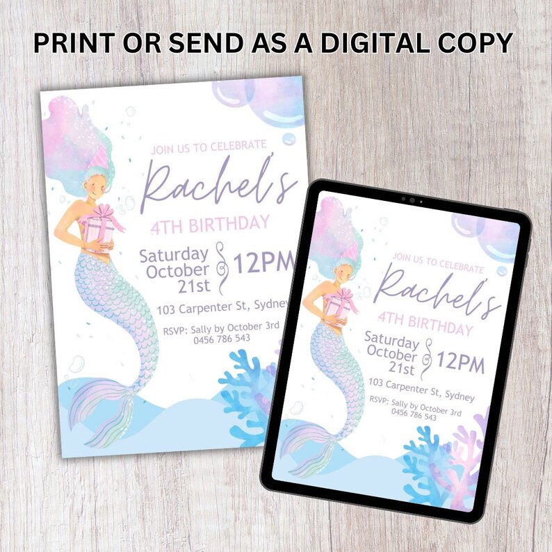 Editable Mermaid Birthday Invitation Template, Printable Birthday ...