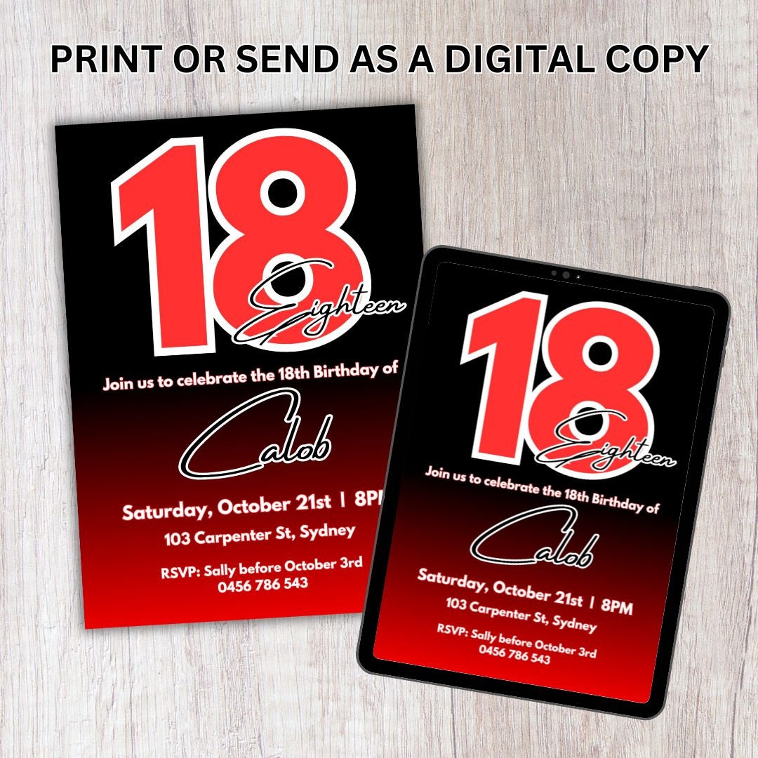 Editable 18 Red Birthday Invitation Template, Printable Birthday ...