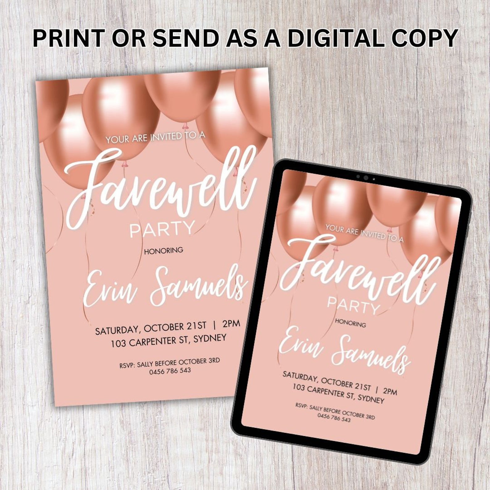 Editable Rose Gold Balloon Farewell Invitation Template, Printable ...