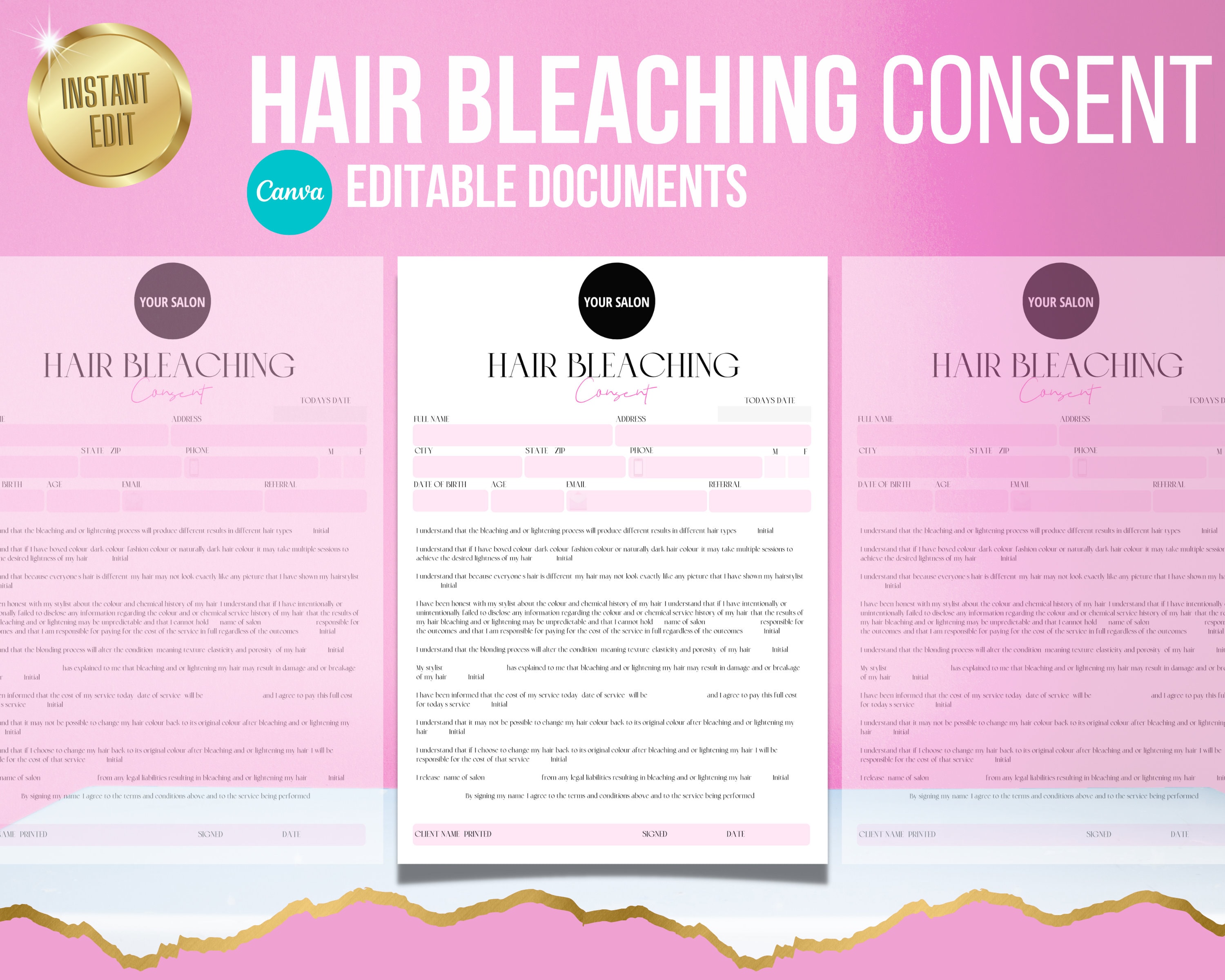 Hair Bleaching EDITABLE Form, Hair Stylist Consent Forms, Hair Salon ...