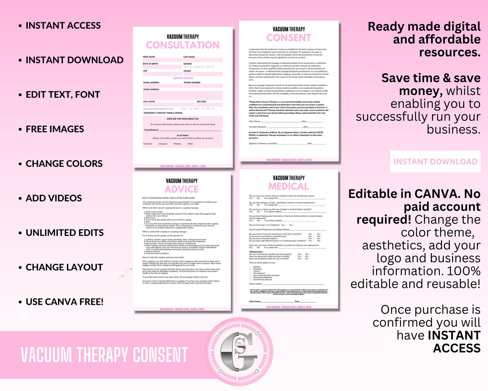 Vacuum Therapy Forms, Consultation, Consent, Intake, Aftercare, Body ...
