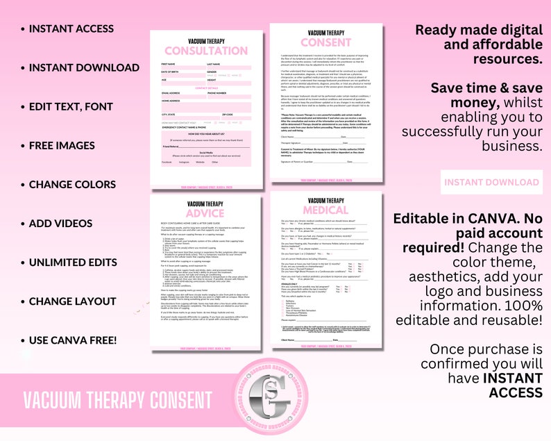 Vacuum Therapy Forms, Consultation, Consent, Intake, Aftercare, Body ...