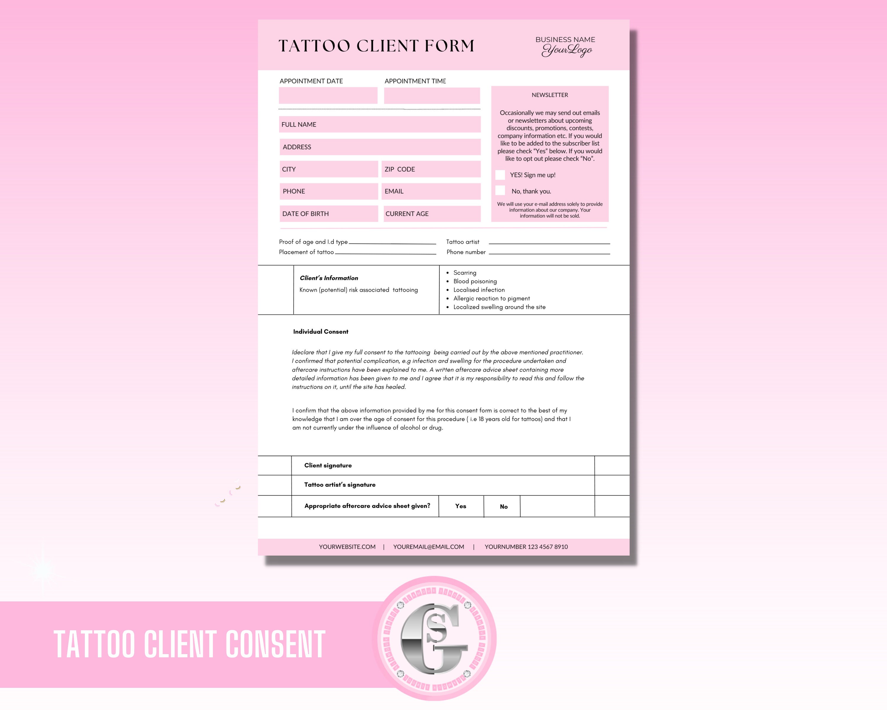 Tiny Tattoo Client Consent, Tattoo Record Forms, Small Business Beauty ...
