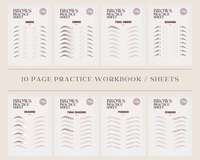 Ombre Powder Brow Practice Sheets, PMU Shading Guide, Printable Workbook, Student Brow Practice ...