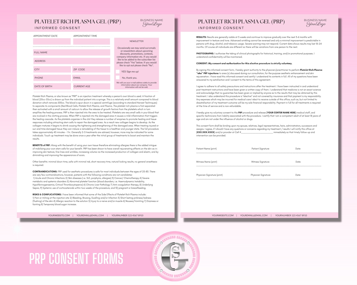 Platelet Rich Plasma Consent Forms, PRP Facials Forms, Client Intake ...