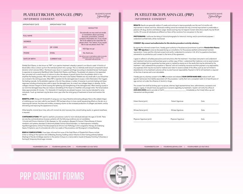 Platelet Rich Plasma Consent Forms, PRP Facials Forms, Client Intake ...