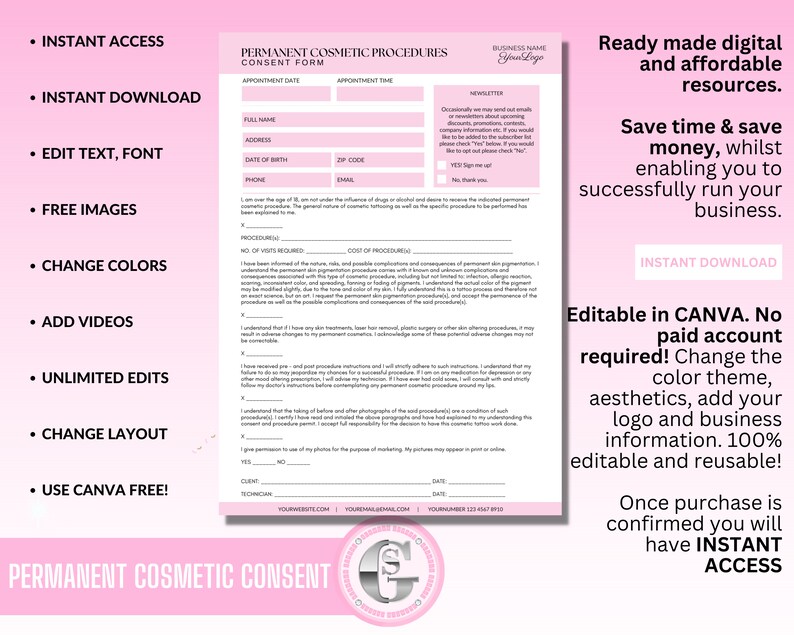 PMU Consent Form, Permanent Cosmetic Procedure Forms, Client Intake ...