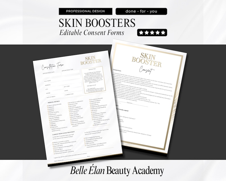 Skin Boosters Client Intake Form: White & Gold Aesthetics Template ...