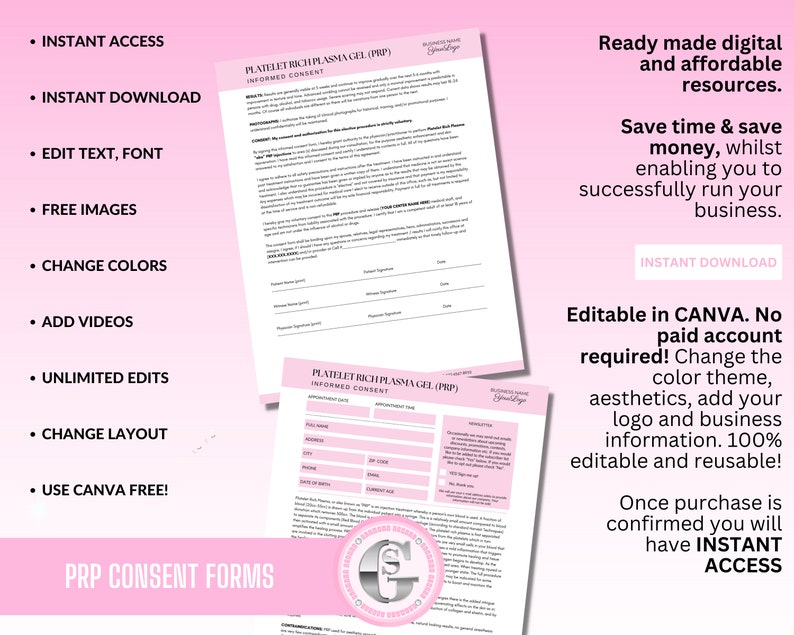 Platelet Rich Plasma Consent Forms, PRP Facials Forms, Client Intake ...