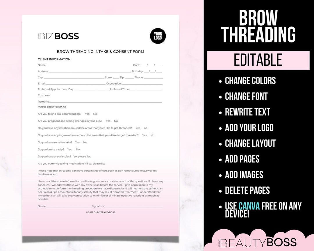 Eyebrow Threading Consent Form, Edit in Canva - Etsy