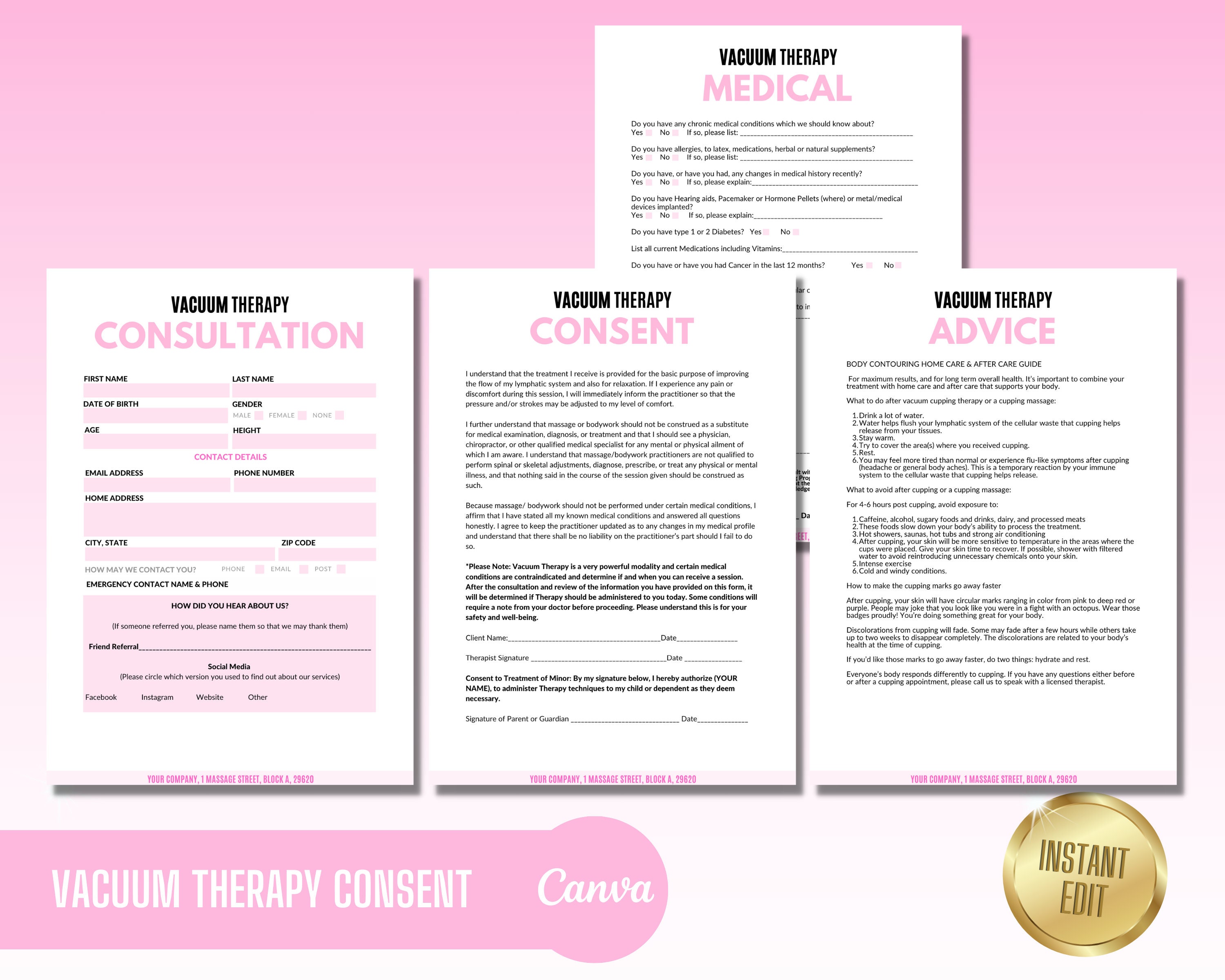 Vacuum Therapy Forms, Consultation, Consent, Intake, Aftercare, Body ...