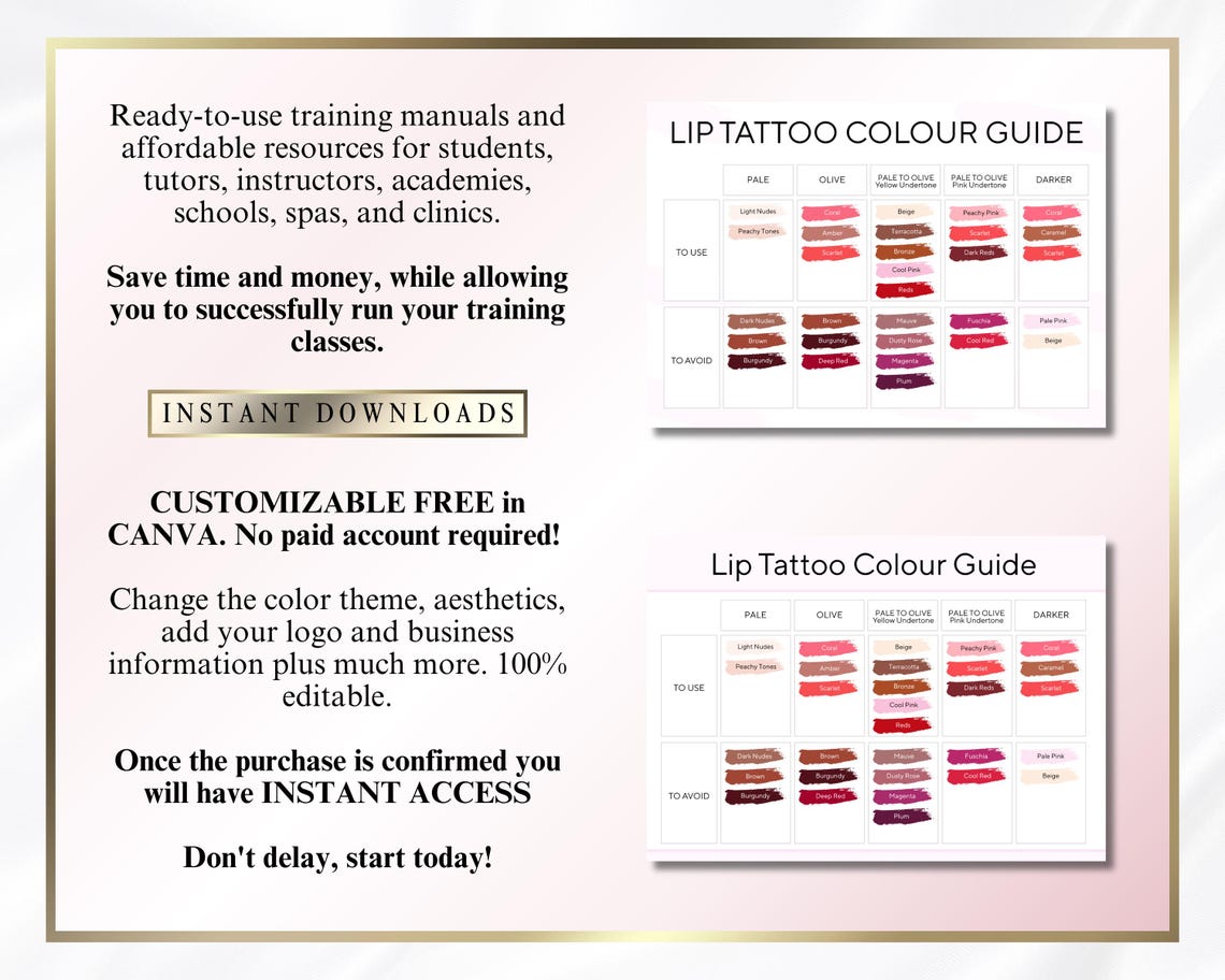 Lip Blush Color Guide: PMU Pigment Chart, Editable in Canva (digital ...