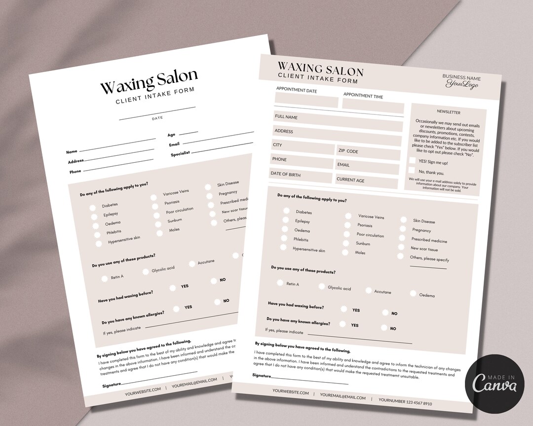 Waxing Salon Consent Forms Waxing Consultation Body Waxing - Etsy