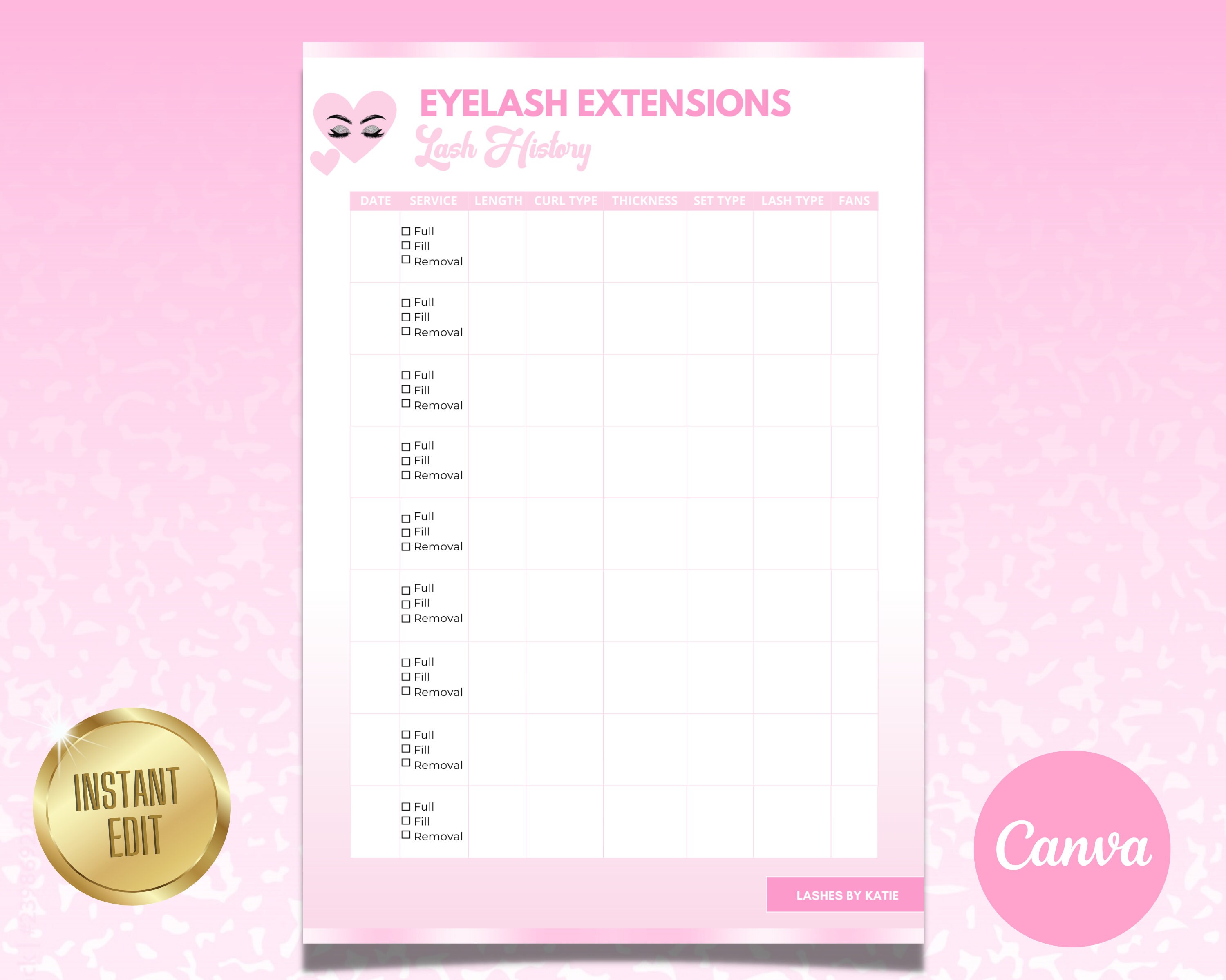 Lash History Form, Lash Extensions History, Client Record, Eyelash ... Lash History Form, Lash Extensions History, Client Record, Eyelash ...