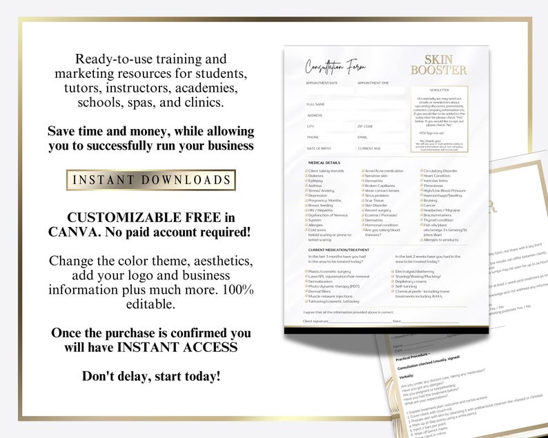 Skin Boosters Client Intake Form: White & Gold Aesthetics Template ...