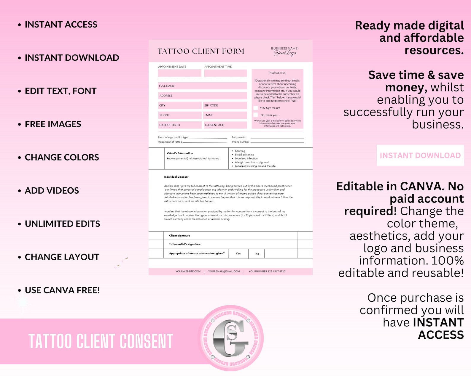 Tiny Tattoo Client Consent, Tattoo Record Forms, Small Business Beauty ...